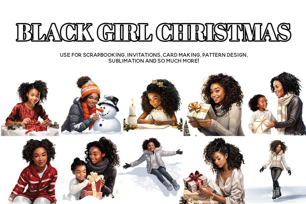 Black Girl Christmas Clipart, African American Xmas Clipart - So Fontsy