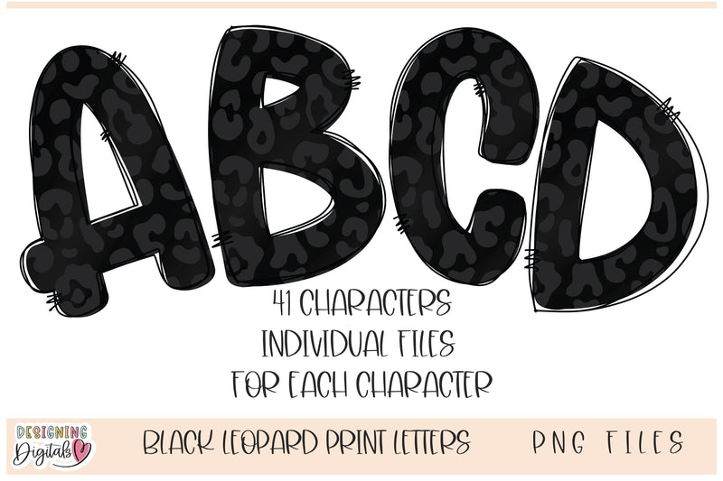 Black Leopard Print Doodle Letters PNG, Sublimation Alphabet - So Fontsy
