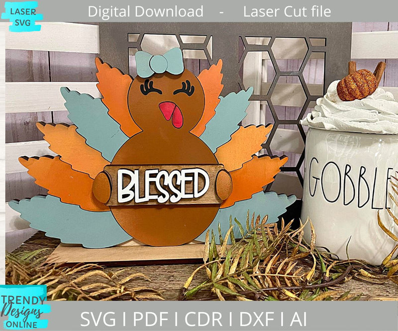 Blessed Turkey svg, Fall shelf sitter Glowforge laser cut svg - So Fontsy