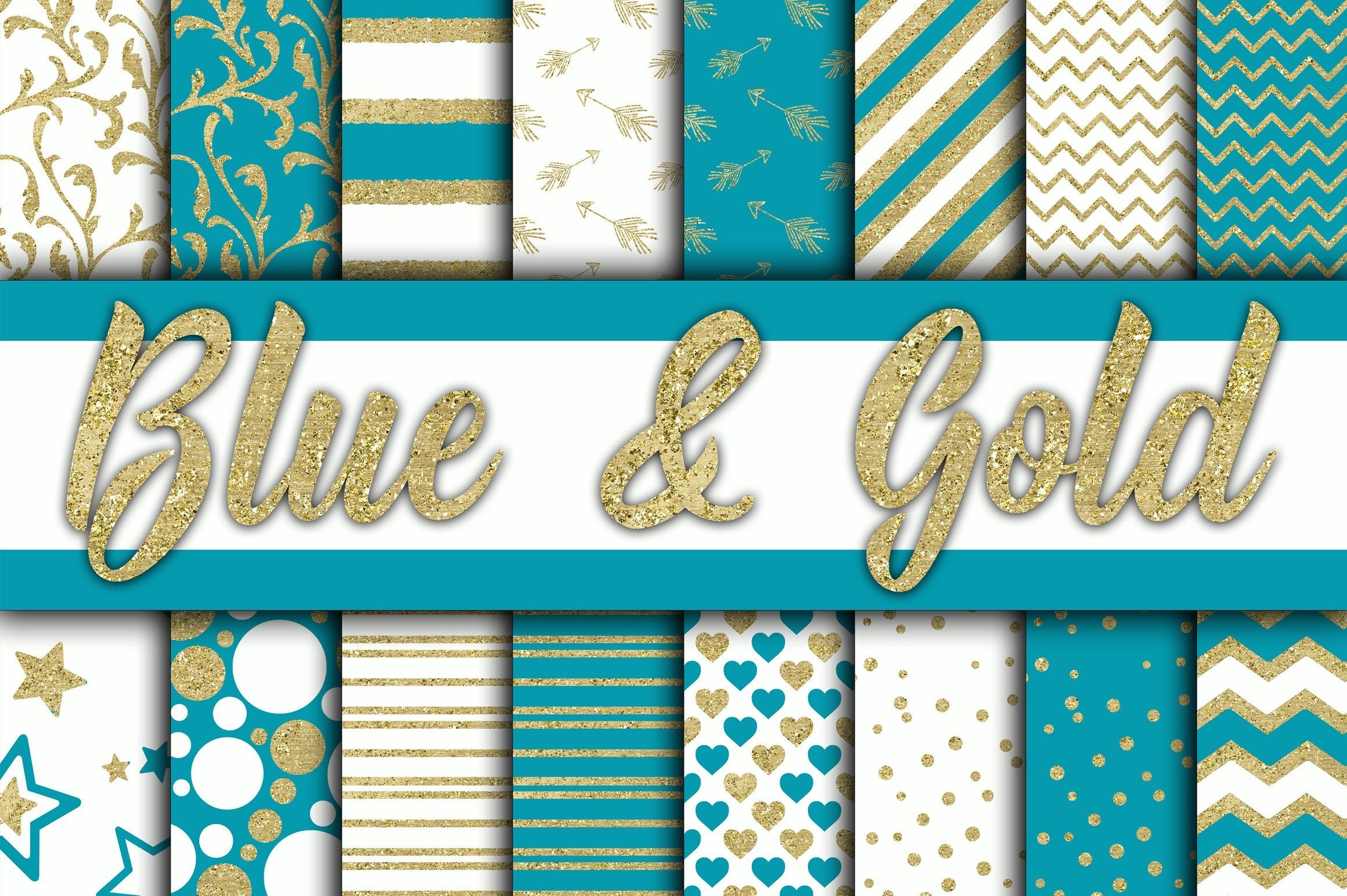 Blue and Gold Glitter Digital Paper - So Fontsy