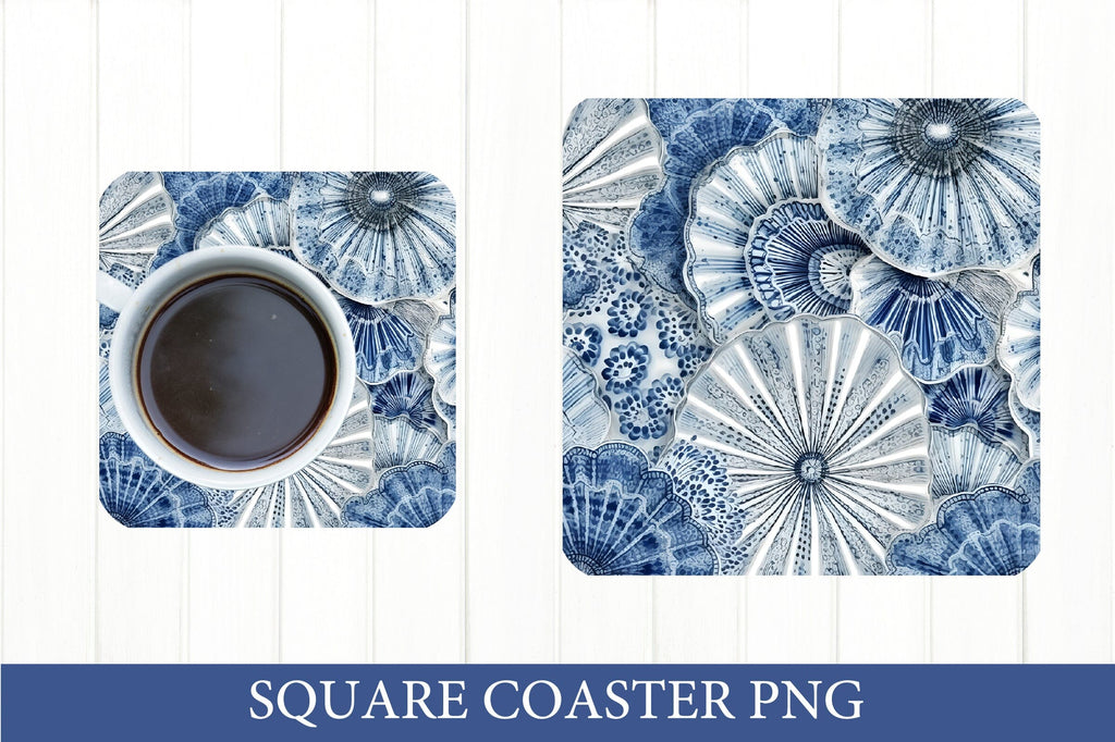 Blue and White Shells. Square Coaster Sublimation PNG - So Fontsy
