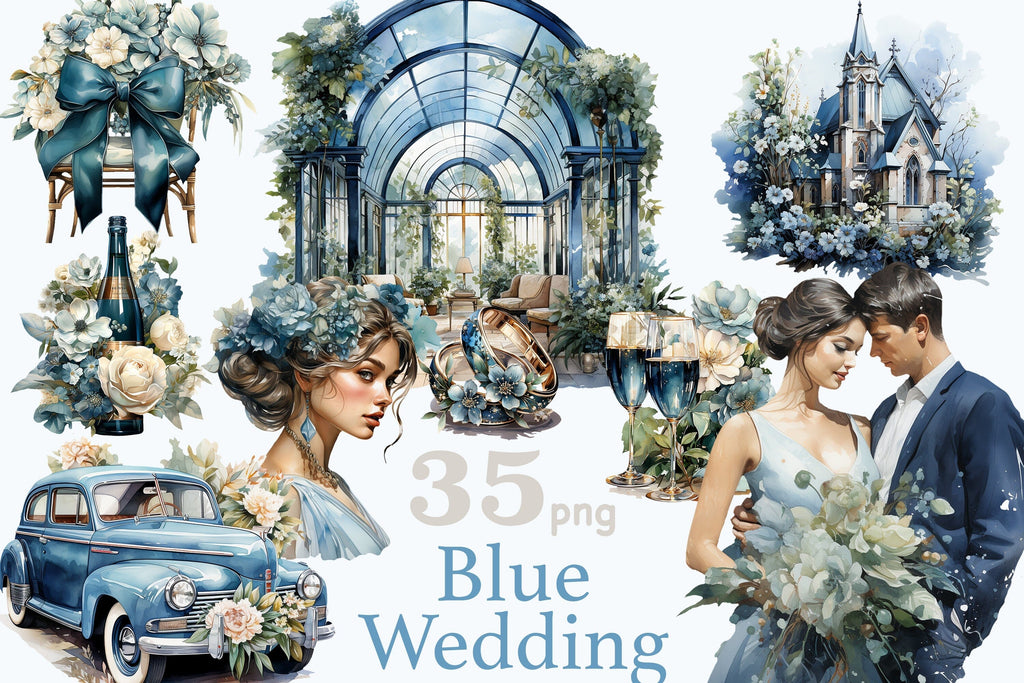 Blue Wedding Clipart Bundle | Marriage Illustration - So Fontsy