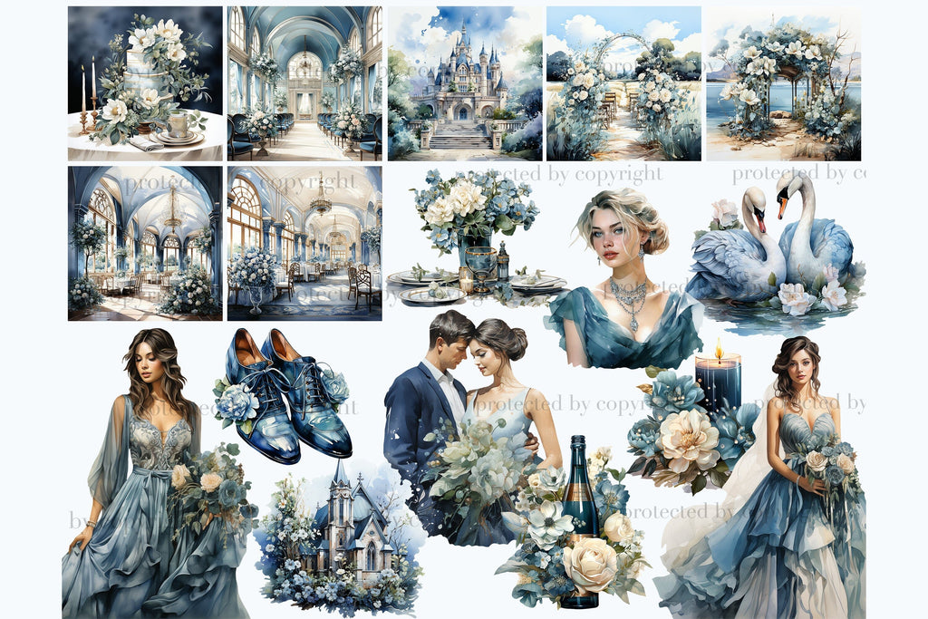 Blue Wedding Clipart Bundle | Marriage Illustration - So Fontsy