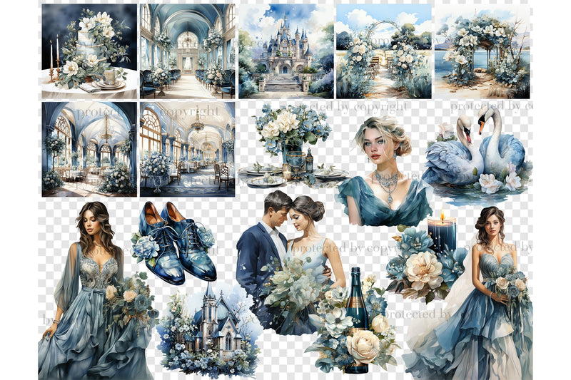 Blue Wedding Clipart Bundle | Marriage Illustration - So Fontsy