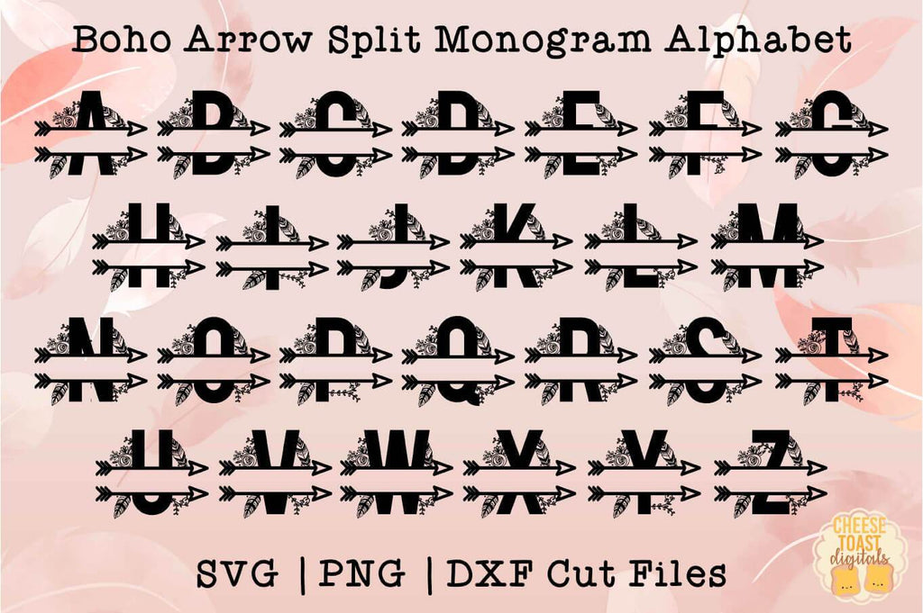 Boho Arrow Split Monogram Alphabet A-Z SVG PNG DXF Cut Files - So Fontsy