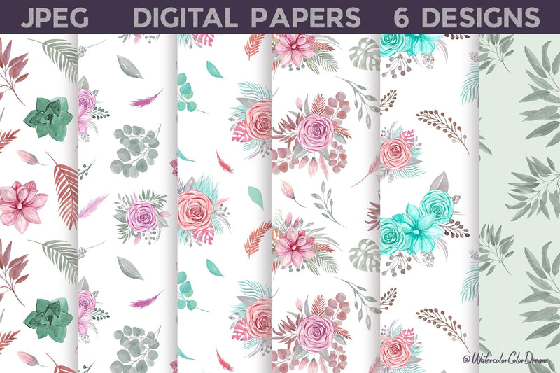 Boho Floral Digital Papers | Flower Digital Papers Bundle - So Fontsy