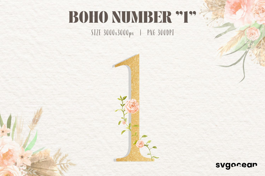 Boho Floral Numbers Watercolor Clipart Bundle - So Fontsy