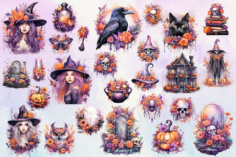 Boho Halloween Clipart Bundle, 25 Transparent PNG's - So Fontsy