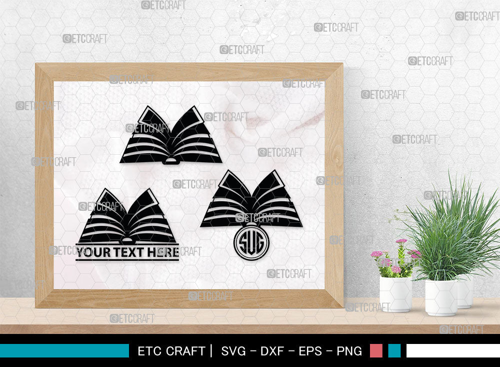 Books Monogram, Books Silhouette, Book SVG, Open Book Svg, Library Svg ...