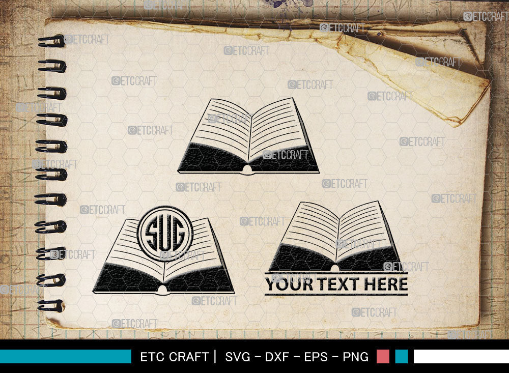 Books Monogram, Books Silhouette, Book SVG, Open Book Svg, Library Svg ...