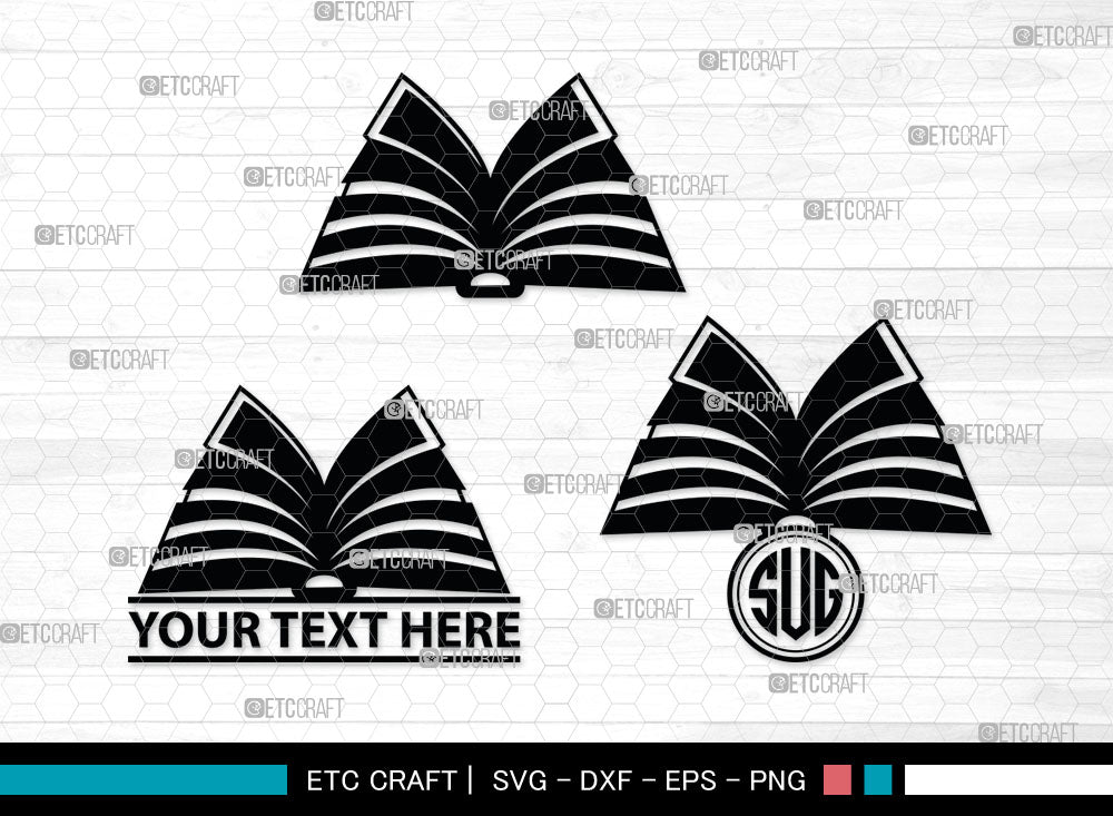 Books Monogram, Books Silhouette, Book SVG, Open Book Svg, Library Svg ...