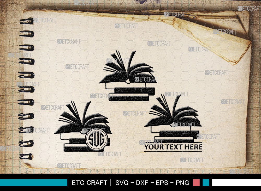 Books Monogram, Books Silhouette, Book SVG, Open Book Svg, Library Svg ...