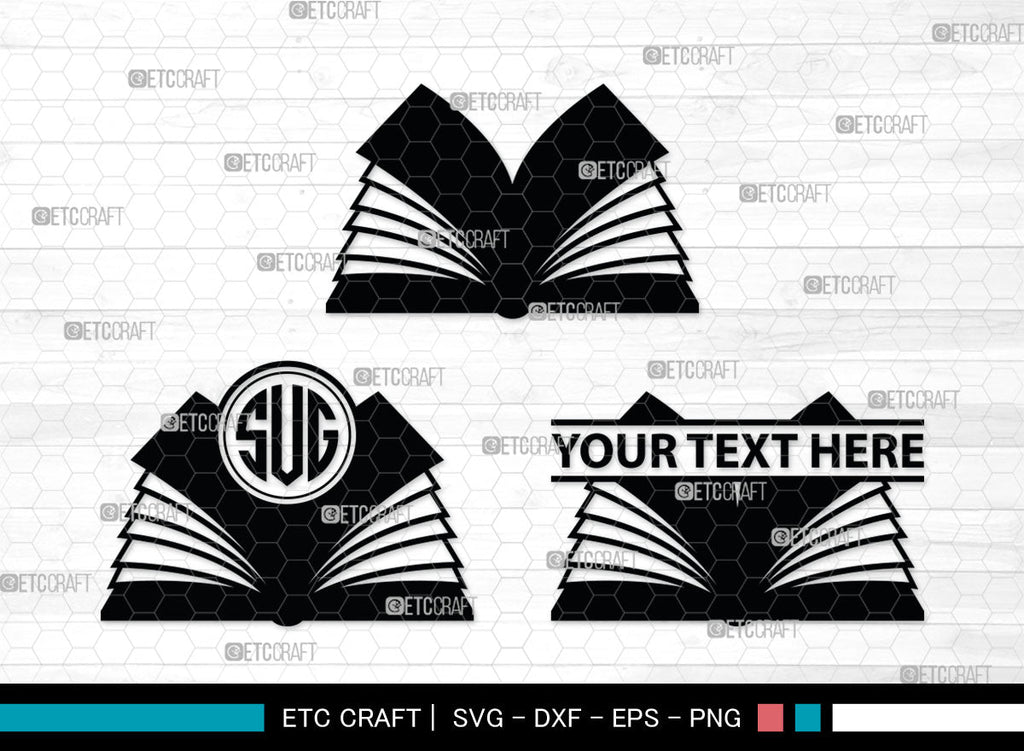 Books Monogram, Books Silhouette, Book SVG, Open Book Svg, Library Svg ...