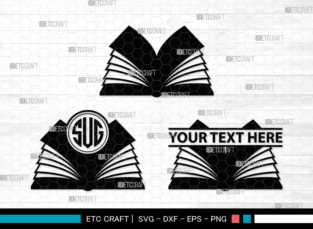 Books Monogram, Books Silhouette, Book SVG, Open Book Svg, Library Svg ...