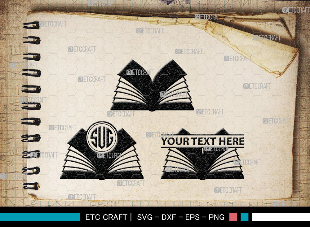Books Monogram, Books Silhouette, Book SVG, Open Book Svg, Library Svg ...