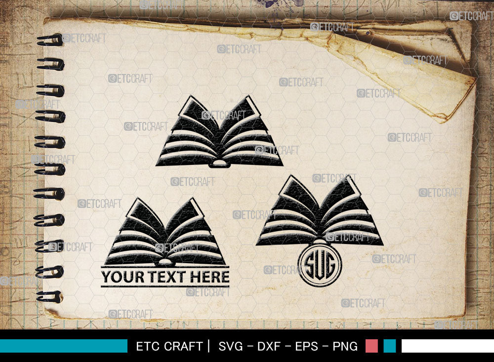 Books Monogram, Books Silhouette, Book SVG, Open Book Svg, Library Svg ...