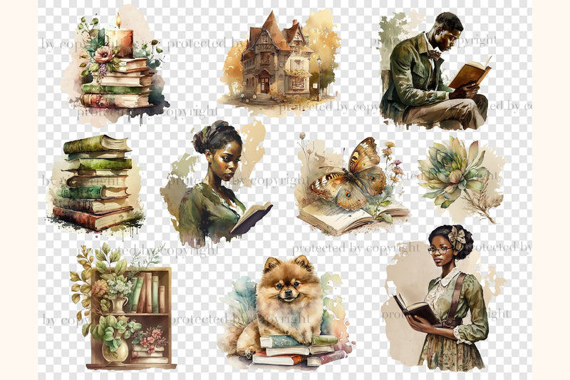 Bookworm Watercolor Graphics | Book Lover Clipart - So Fontsy