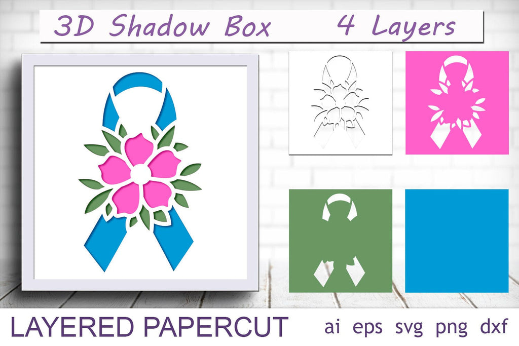 Breast cancer shadow box svg, Flower cancer ribbon, 3d layered papercut ...