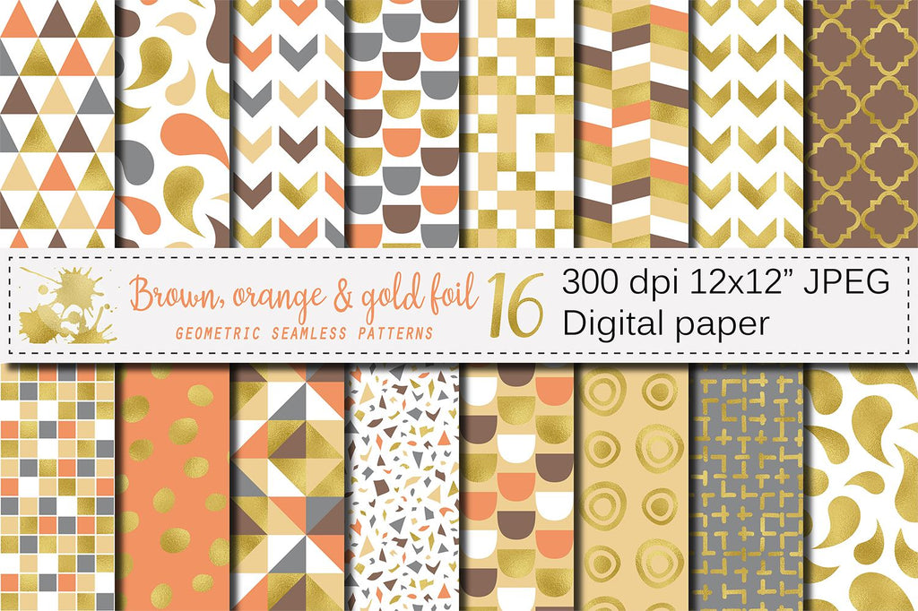 Brown, Orange and Gold Foil Seamless Geometric Patterns - So Fontsy
