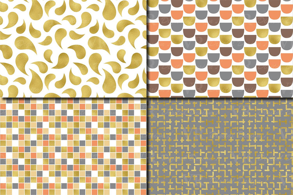 Brown, Orange and Gold Foil Seamless Geometric Patterns - So Fontsy