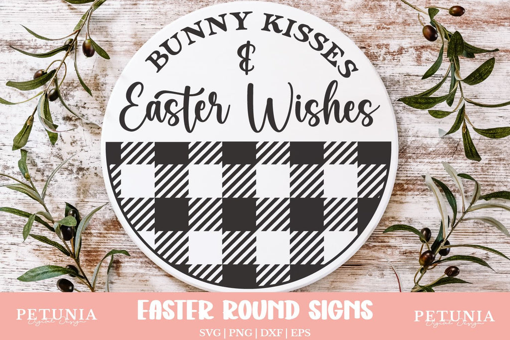 Bunny Kisses Easter Wishes Sign SVG | Easter Round Sign SVG - So Fontsy