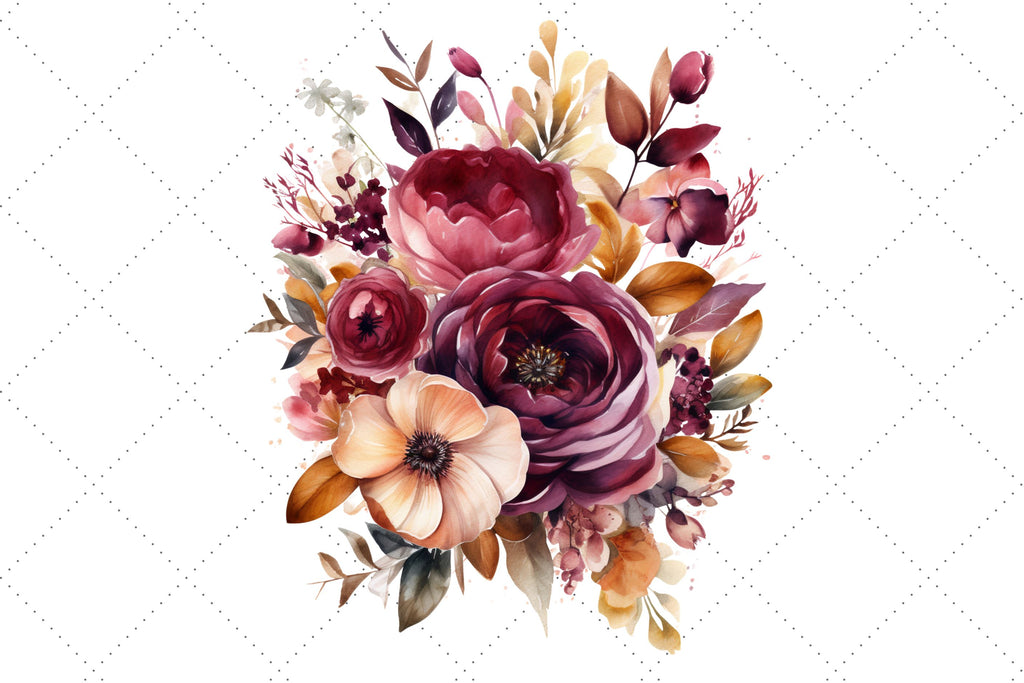 Burgundy Floral Bouquet Watercolor Clipart Bundle, Sublimation ...