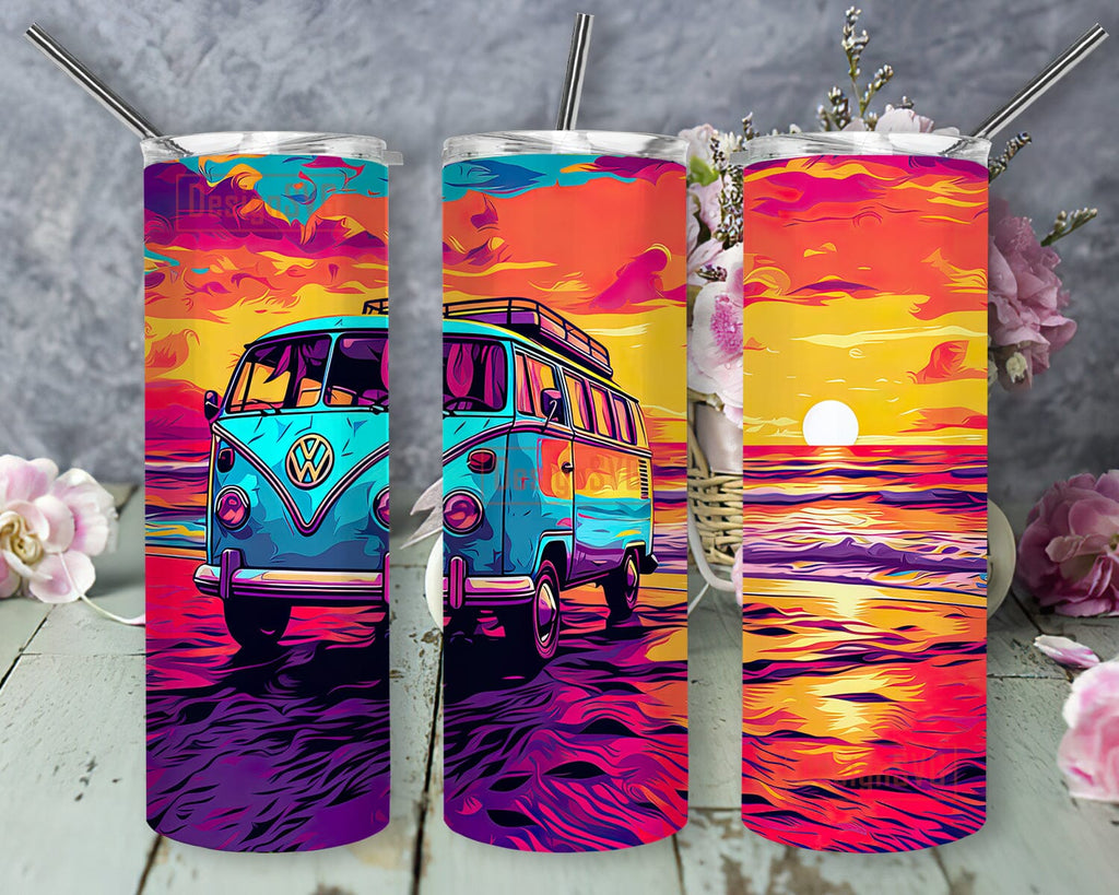 Bus On The Beach At Sunset 20oz Skinny Tumbler Png, Beach Hippie Van ...