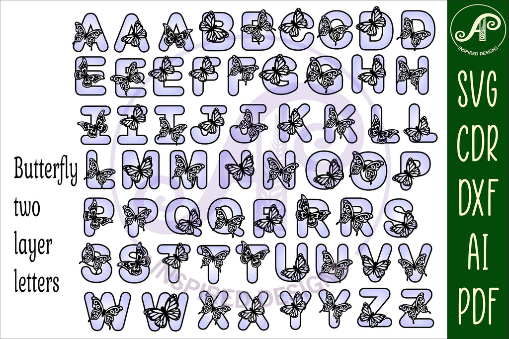 Butterfly alphabet set. 2 layer letters. 60 letter options - So Fontsy
