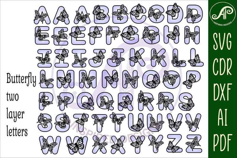 Butterfly alphabet set. 2 layer letters. 60 letter options - So Fontsy