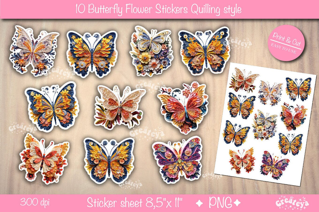 Butterfly stickers Bundle 3D Printable stickers sheet PNG - So Fontsy