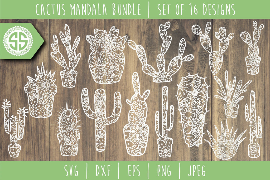 Cactus Mandala Zentangle Bundle - Set of 16 SVG - So Fontsy