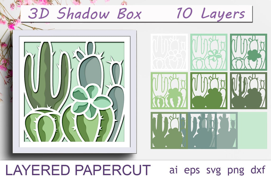 Cactus shadow box svg, 3d layered succulent paper cut decor - So Fontsy