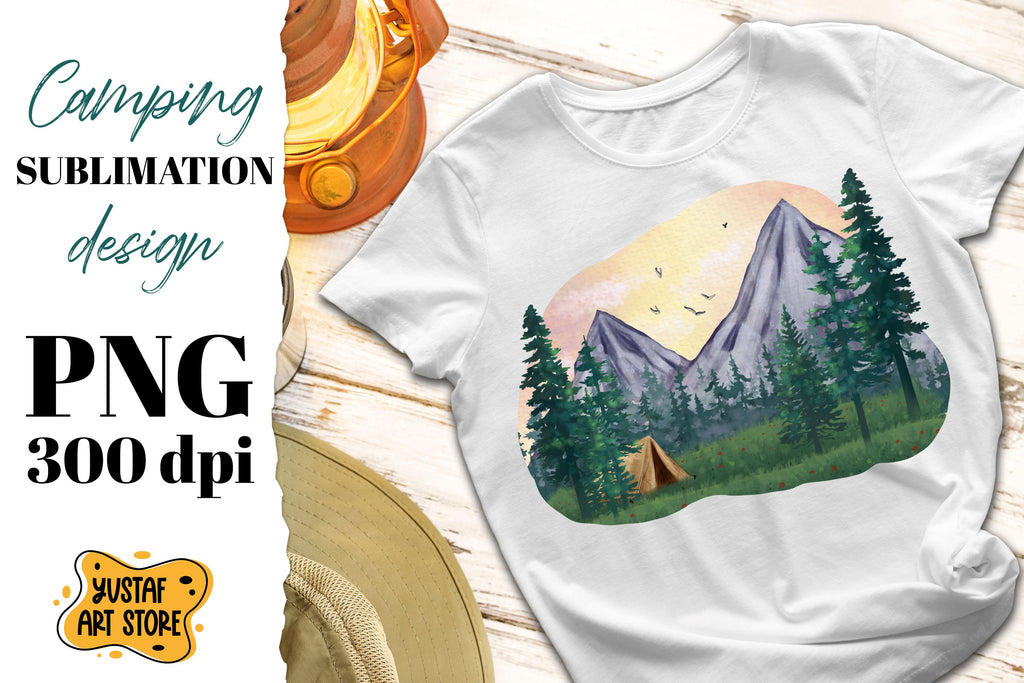 Camping sublimation design. Mountain and forest landscape - So Fontsy