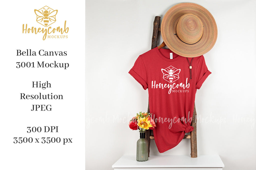Canvas Red Bella Canvas 3001 Mockup, Hanging Ladder Mockup, Women's T ...