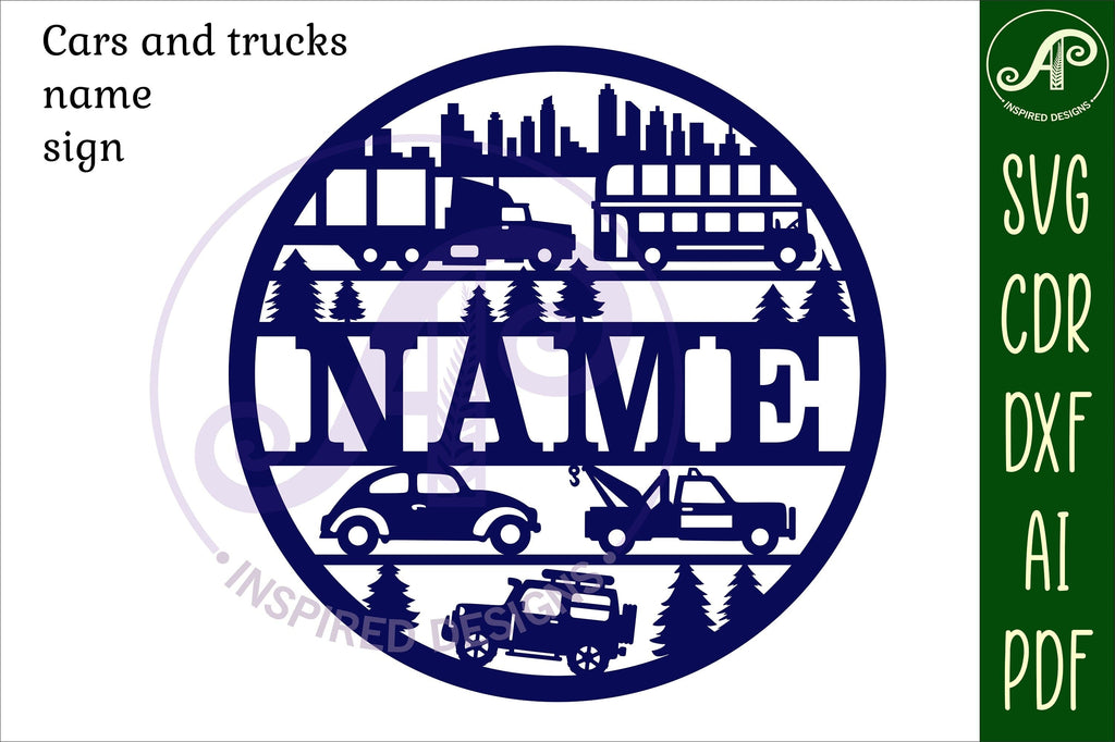 Cars and trucks name sign svg laser cut template - So Fontsy
