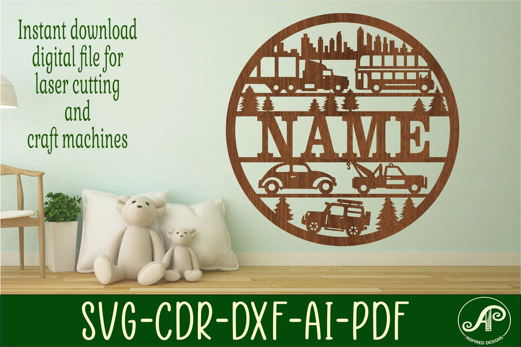 Cars and trucks name sign svg laser cut template - So Fontsy