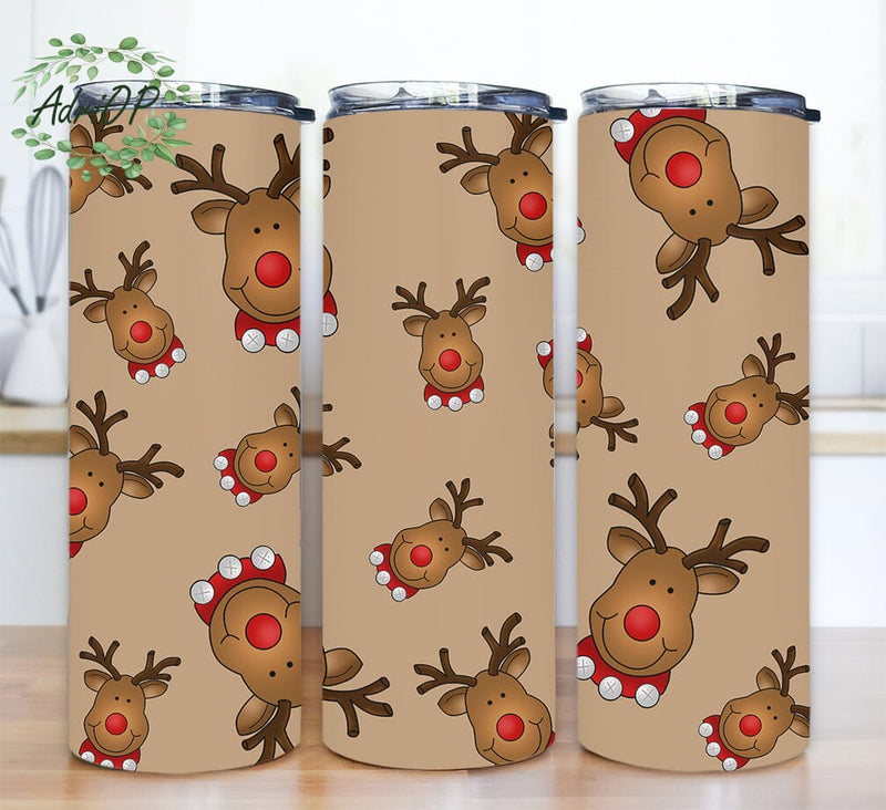 Cartoon Reindeer Rudolph Heads Christmas Yule 20oz Skinny Tumbler Png ...