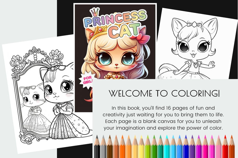 Cat Princess Coloring Page Bundle, Kawaii Coloring Pages - So Fontsy