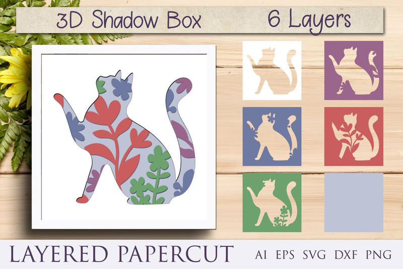 Cat shadow box svg, 3d layered animal svg, Papercut template - So Fontsy