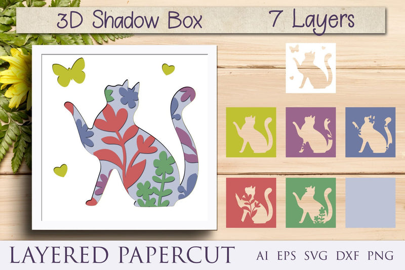 Cat shadow box svg template, 3d layered animal light box, Papercut file ...