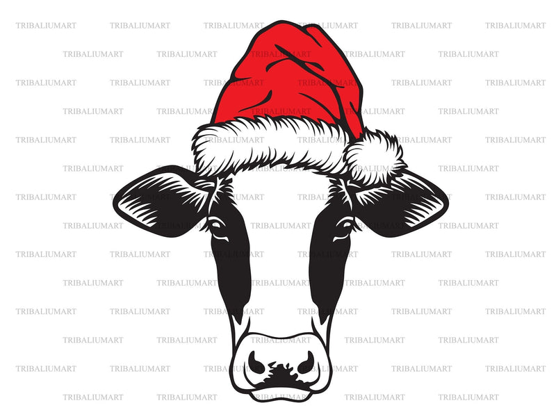 Christmas Cow Head with Santa Hat. Cut files for Cricut, Clip Art ...