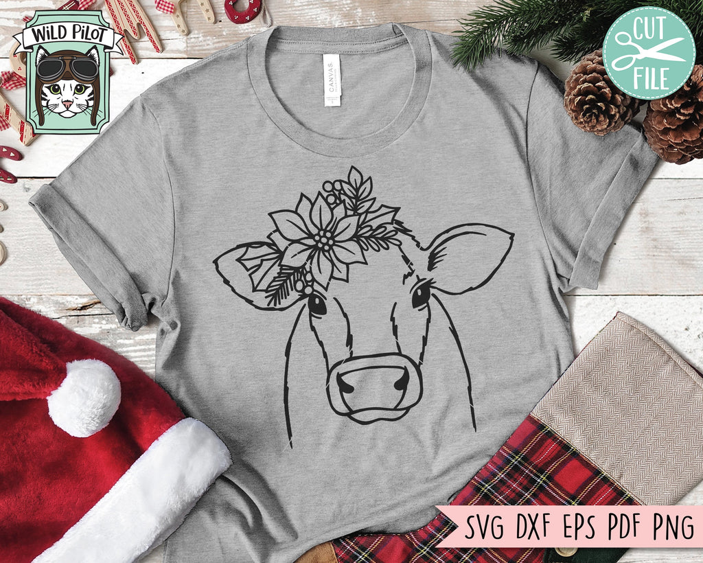 Christmas Cow SVG file, Cow Poinsettia SVG, Cow cut file, Cow Floral ...