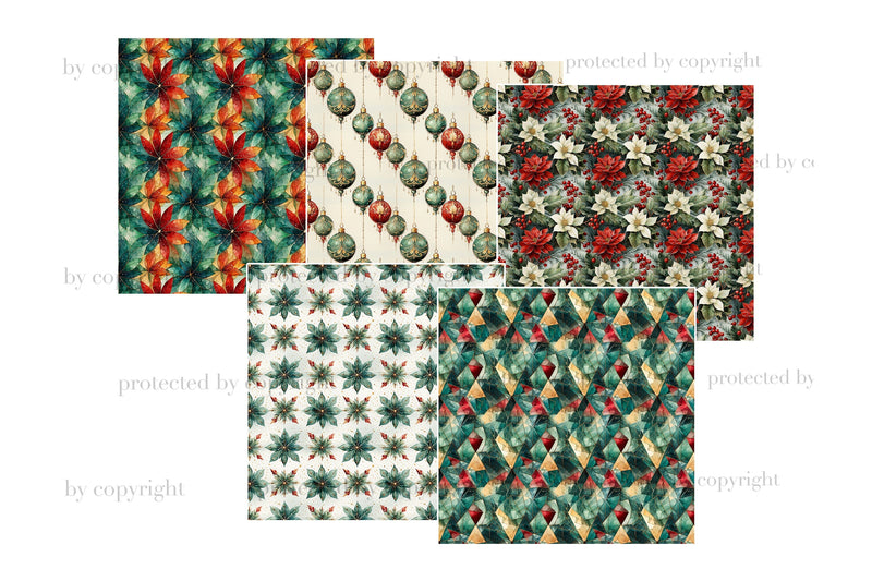 Christmas Digital Paper Set | Red Green Gold Digital Pattern - So Fontsy