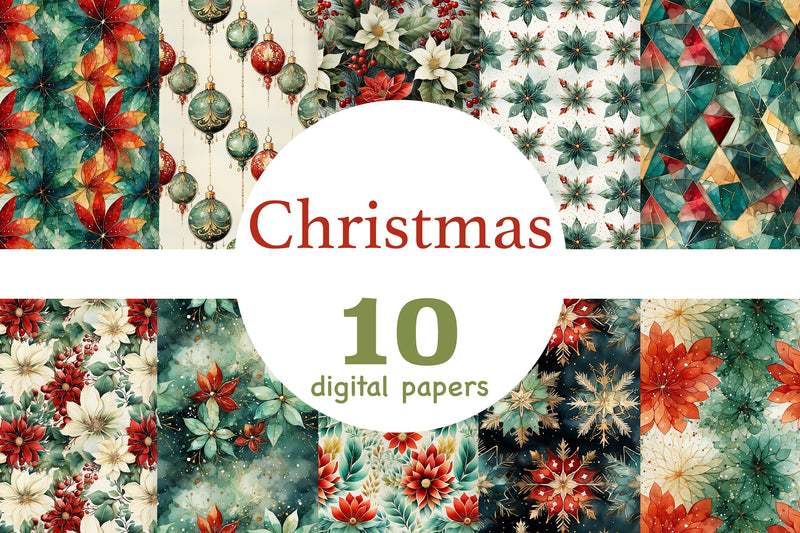 Christmas Digital Paper Set | Red Green Gold Digital Pattern - So Fontsy