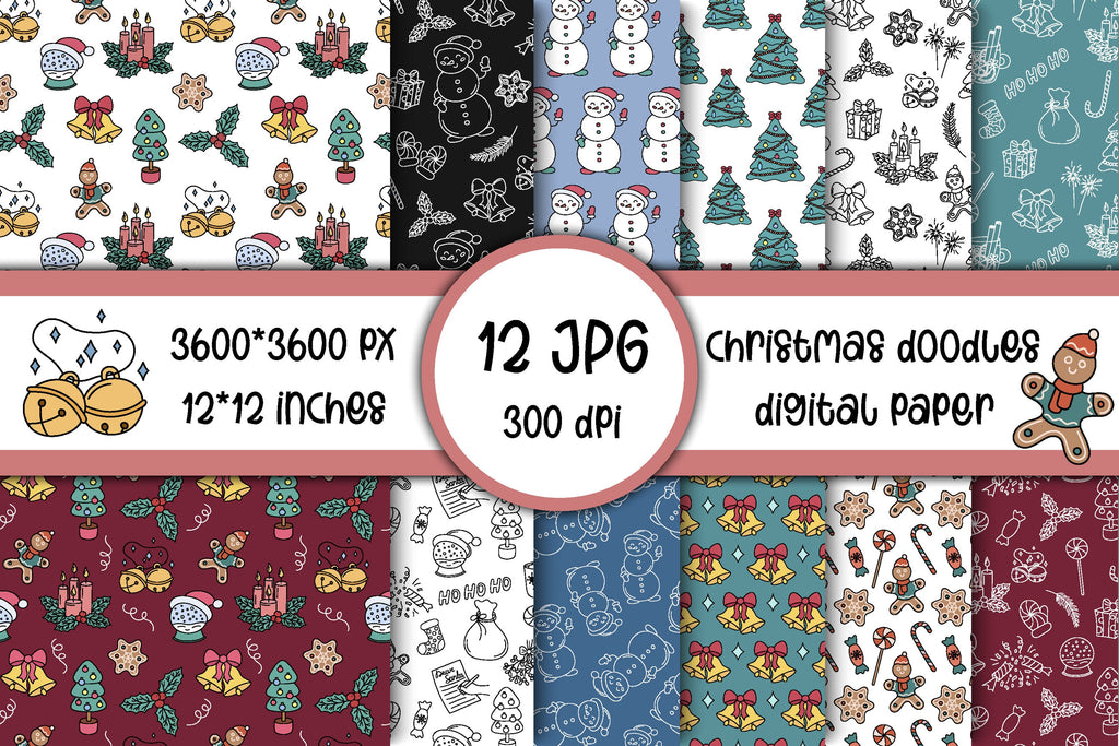Christmas Doodles Digital Paper | JPG Patterns - So Fontsy