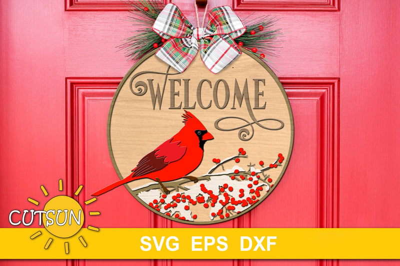 Christmas Door Hanger SVG | Cardinal Bird Welcome Round Sign - So Fontsy