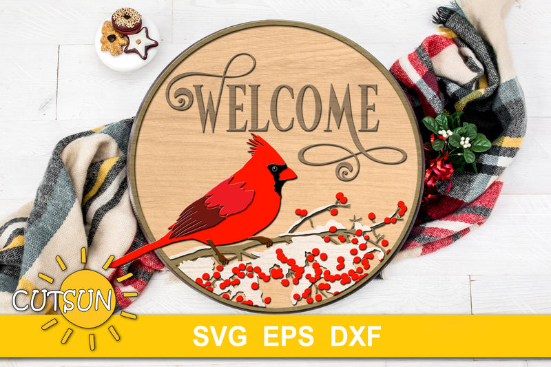 Christmas Door Hanger SVG | Cardinal Bird Welcome Round Sign - So Fontsy