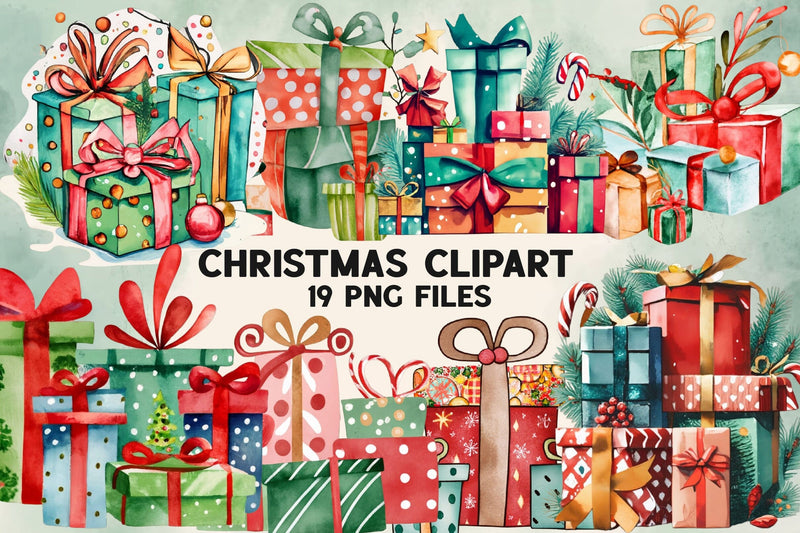 Christmas Gift Box Watercolor Clipart - So Fontsy