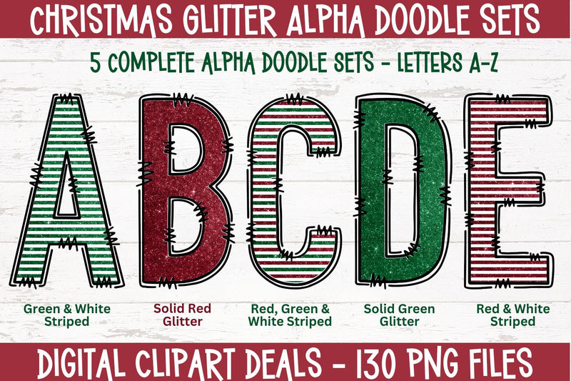 Christmas Glitter Alpha Doodle BIG Bundle - 5 Christmas Doodle Alphabet ...