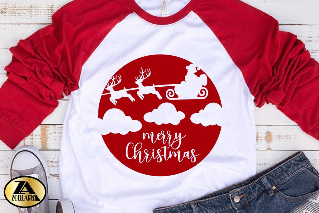 Christmas Round Sign SVG Merry Christmas Santa Sleigh SVG - So Fontsy